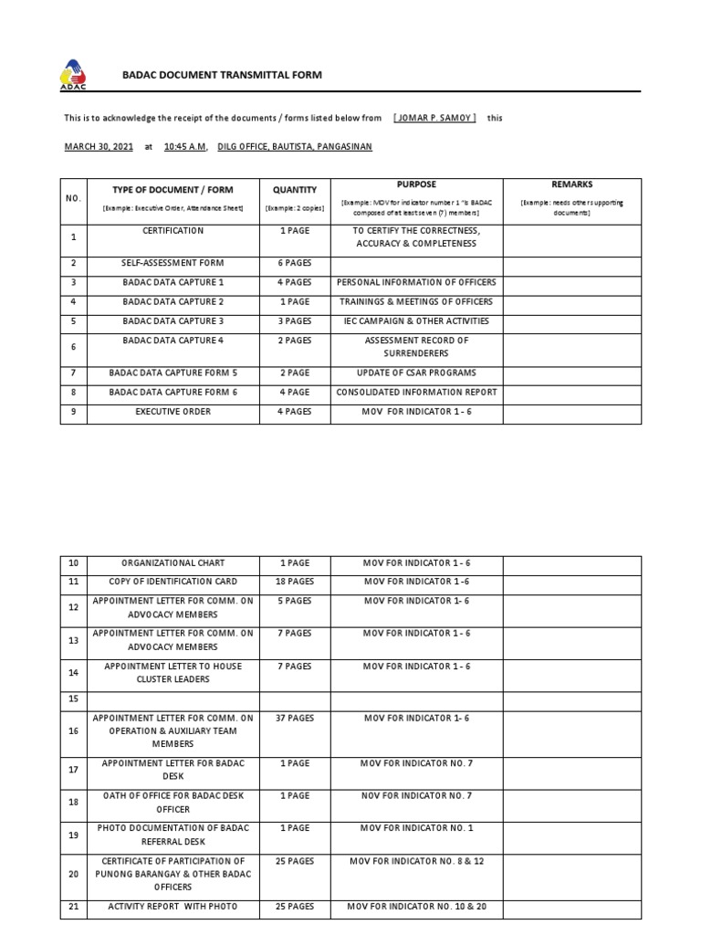 Badac Document Transmittal Form | PDF | Document | Written Communication