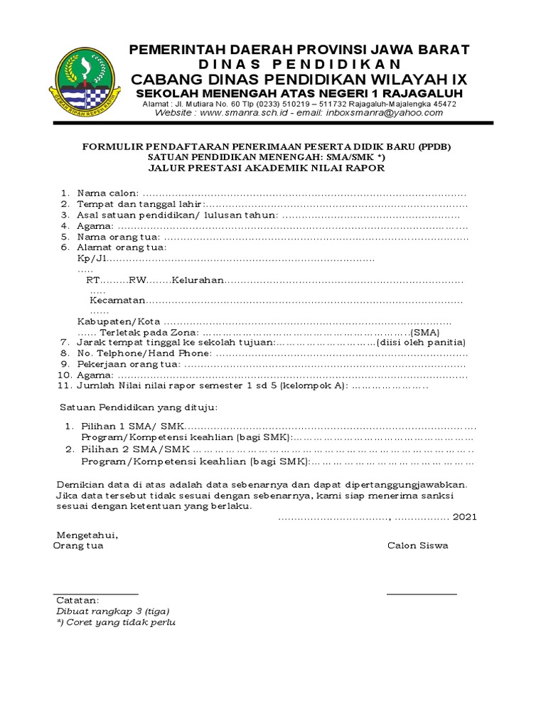 Formulir Pendaftaran PPDB Sma Jalur Prestasi | PDF