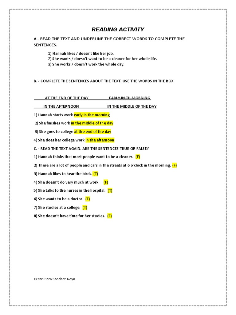 Reading Activity: A.-Read The Text and Underline The Correct Words To ...