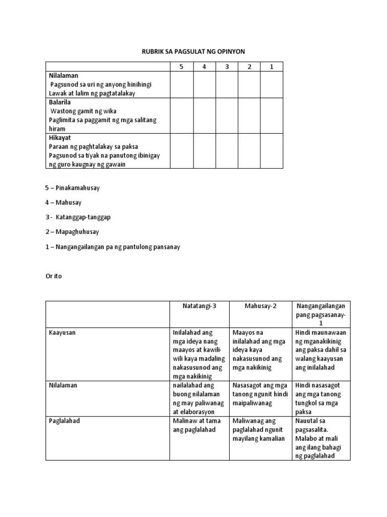 Rubrik Sa Pagsulat NG Opinyon | PDF Rubrik Sa Pagsulat NG Opinyon | PDF