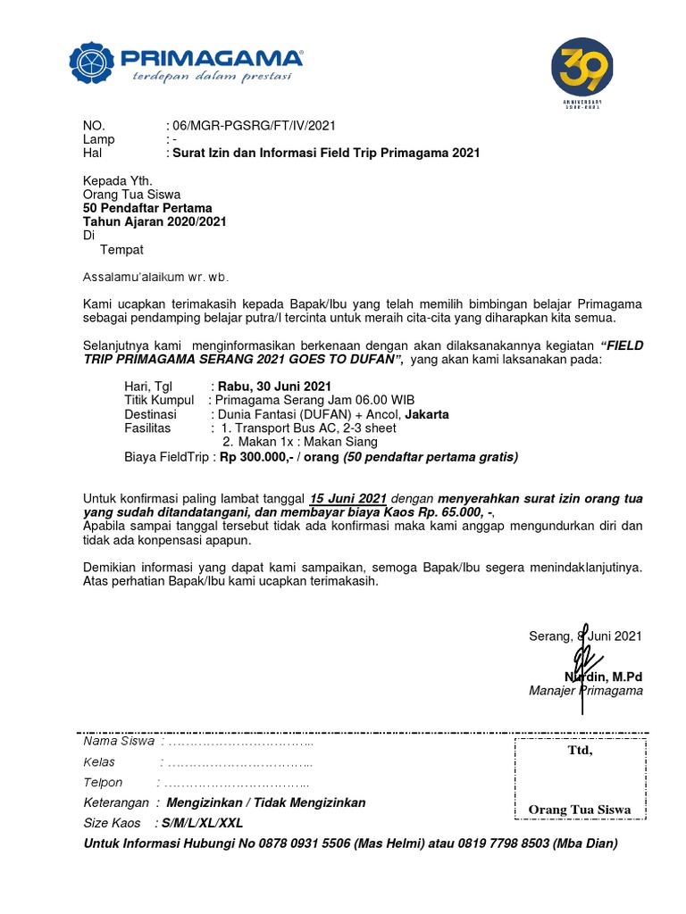 Surat Izin Field Trip | PDF