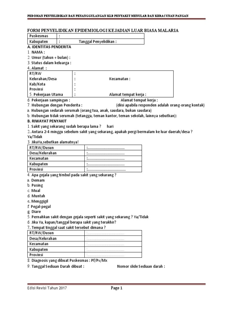 Form Penyelidikan Epidemiologi Kejadian Luar Biasa Malaria | PDF