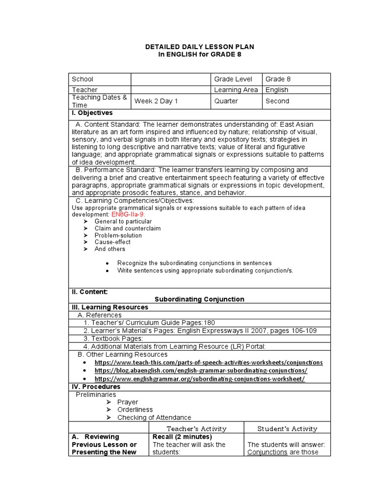 Detailed Daily Lesson Plan in English | PDF | Lesson Plan | Comma