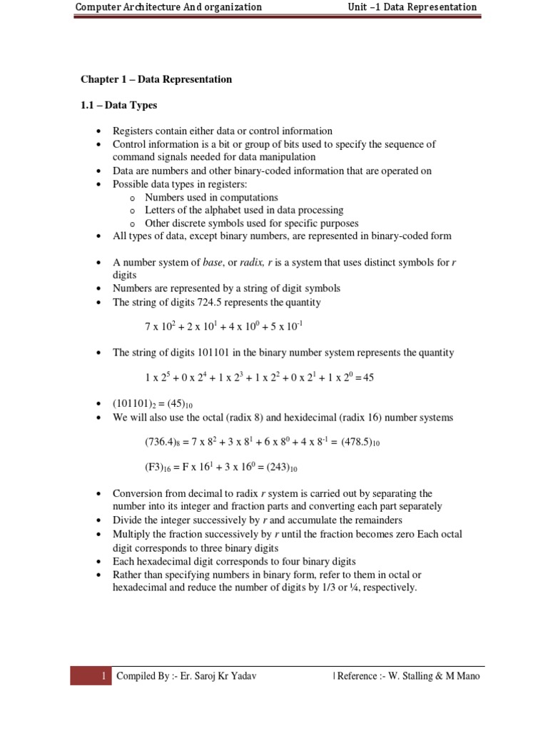 Chapter 1 - Data Representation 1.1 - Data Types | PDF | Binary Coded Decimal | Encodings
