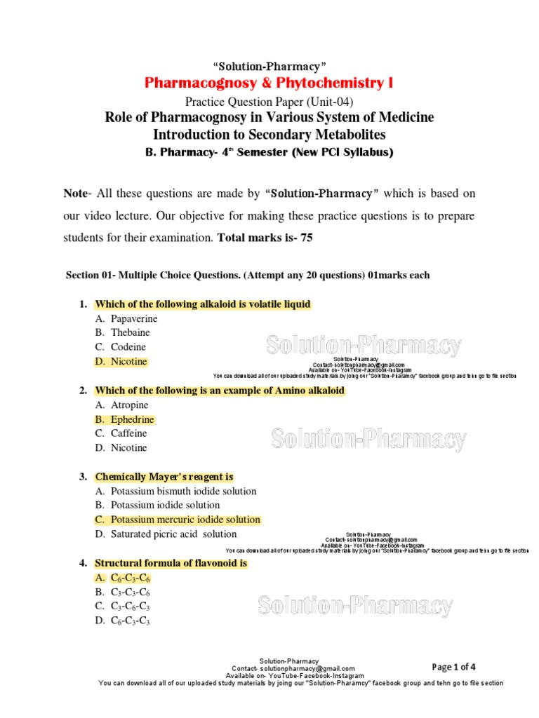 Solution-Pharmacy Pharmacognosy Practice Questions | PDF ...