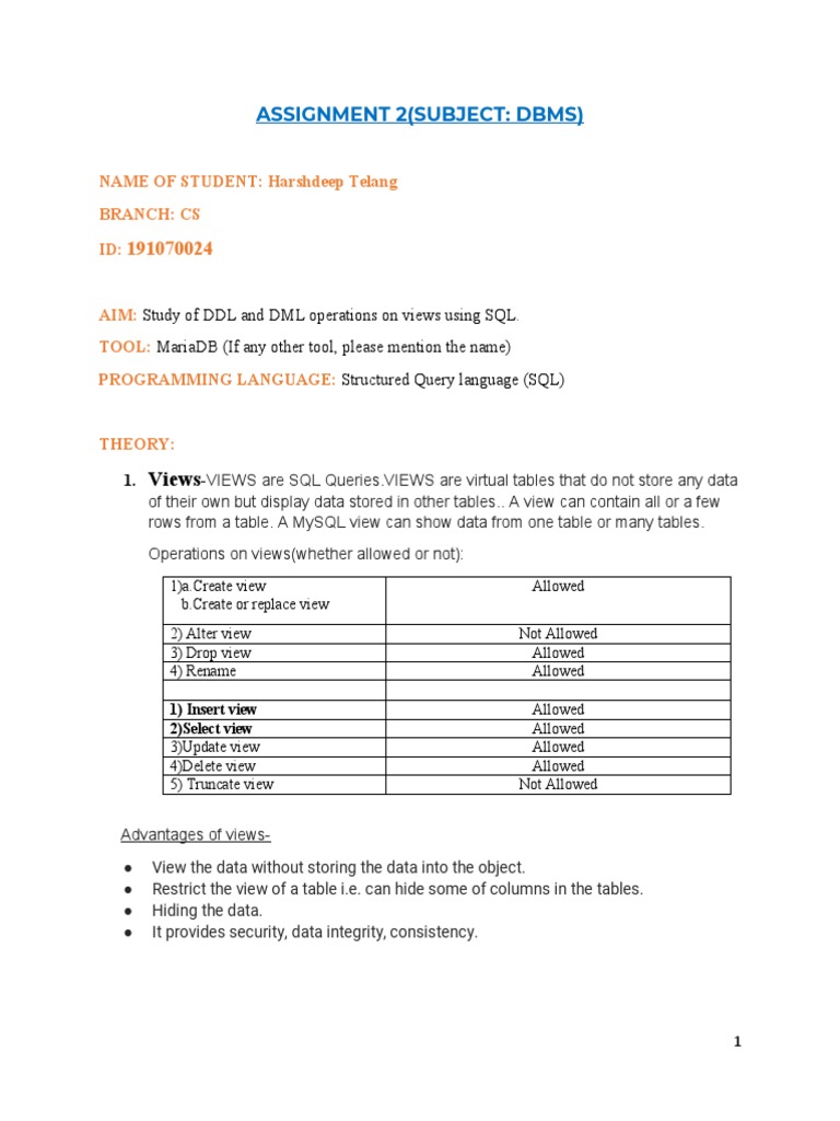 Assignment 2 (Subject: DBMS) : Views | PDF | Databases | Table (Database)