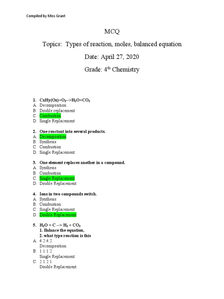 MCQ Topics: Types of Reaction, Moles, Balanced Equation Date: April 27 ...