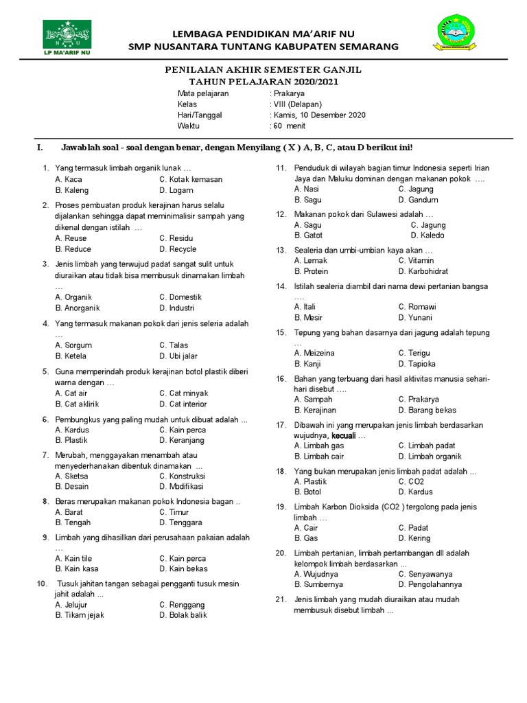 Soal Prakarya Kelas 8 Semester Ganjil | PDF