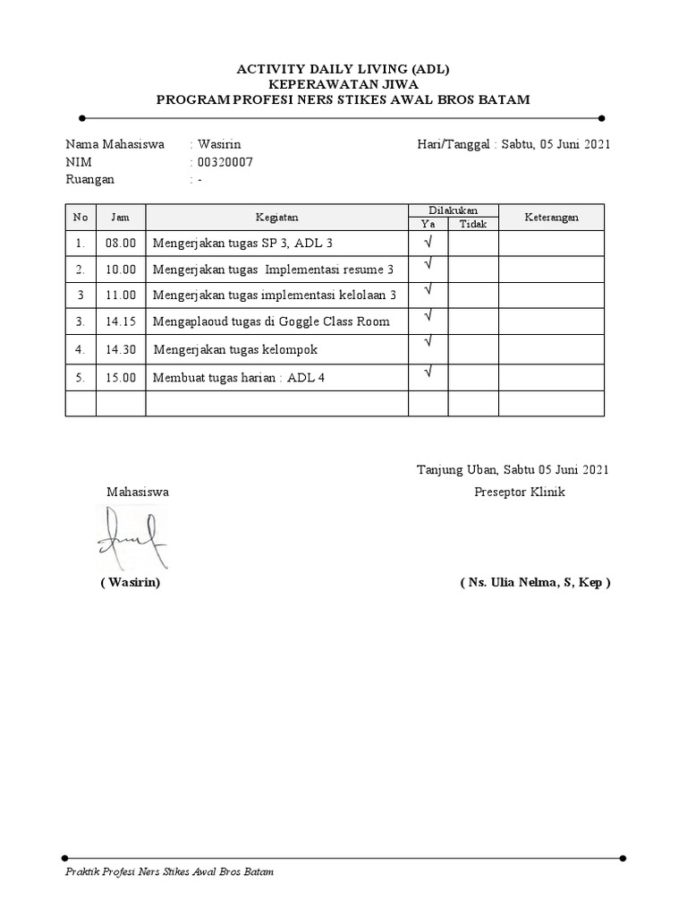 Contoh ADL dalam Keperawatan Jiwa | PDF