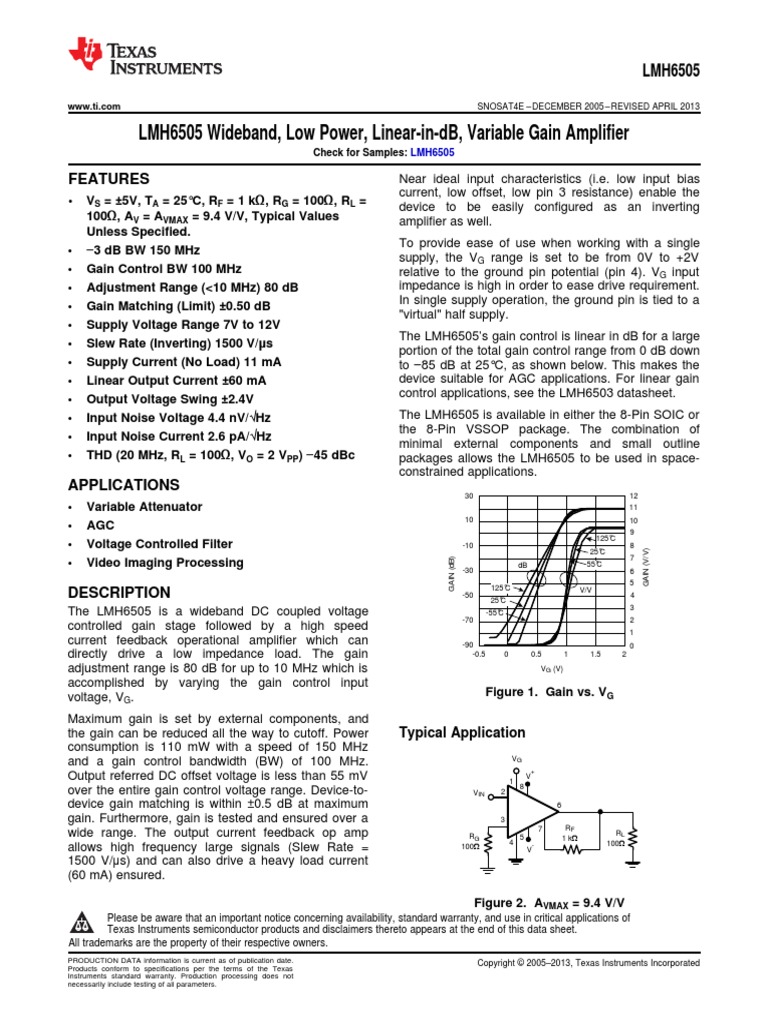 LMH6505 Wideband, Low Power, Linear-in-dB, Variable Gain Amplifier | PDF | Amplitude | Amplifier