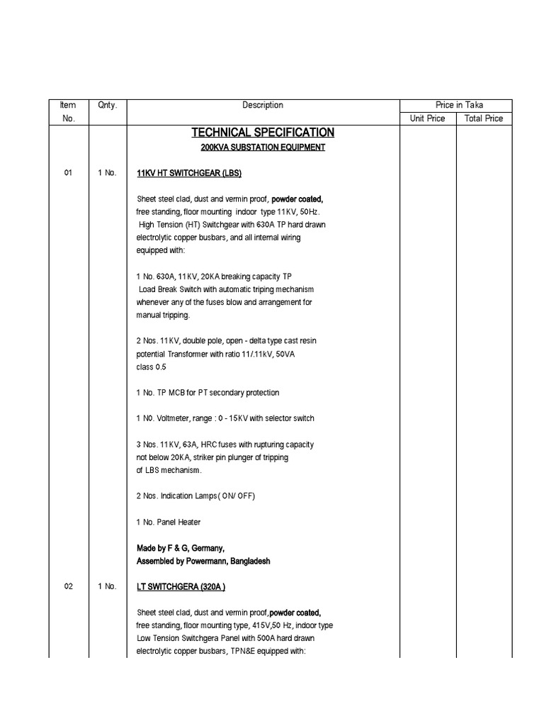 Technical Specification: Item Qnty. Description Price in Taka No. Unit ...