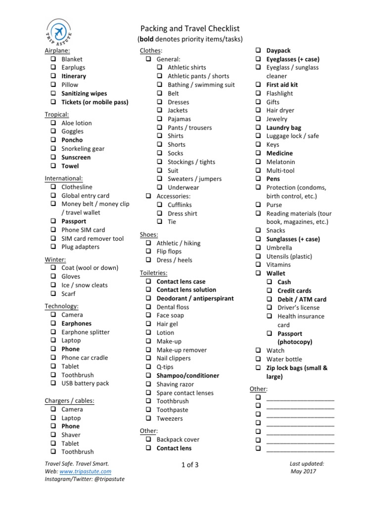 Packing and Travel Checklist: (Bold Denotes Priority Items/tasks) | PDF ...