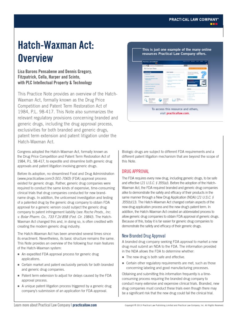 Hatch Waxman Act Overview | PDF | Generic Drug | Food And Drug Administration