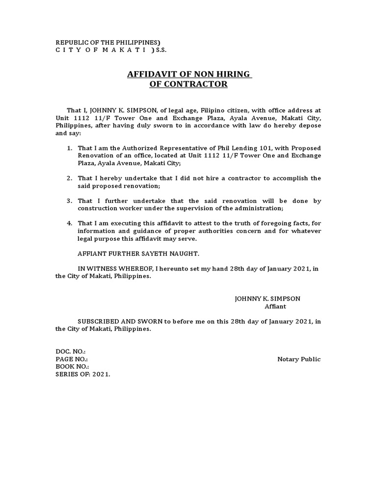Affidavit of Non-Hiring Contractor | PDF | Law