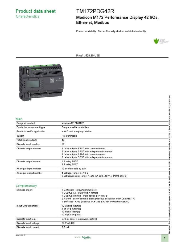Modicon M171 - M172 Logic Controller - TM172PDG42R | PDF | Relay | Usb