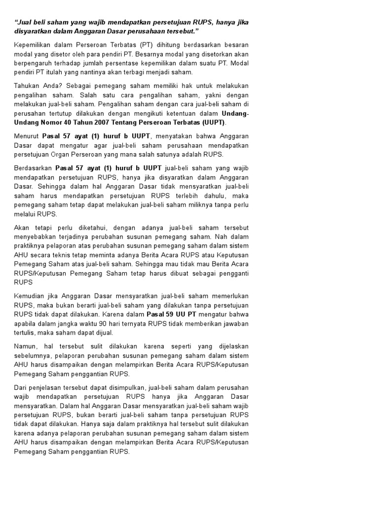 Apakah Jual Beli Saham Perusahaan Tertutup Wajib Persetujuan RUPS | PDF