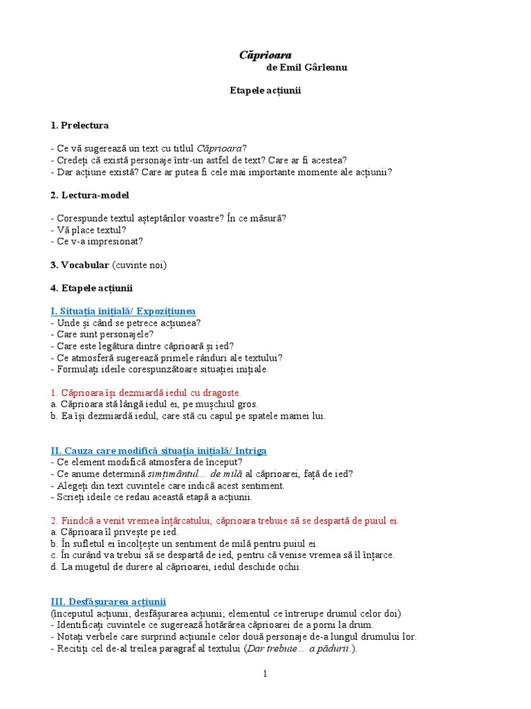 Caprioara Emil Garleanu Etapele Actiunii | PDF