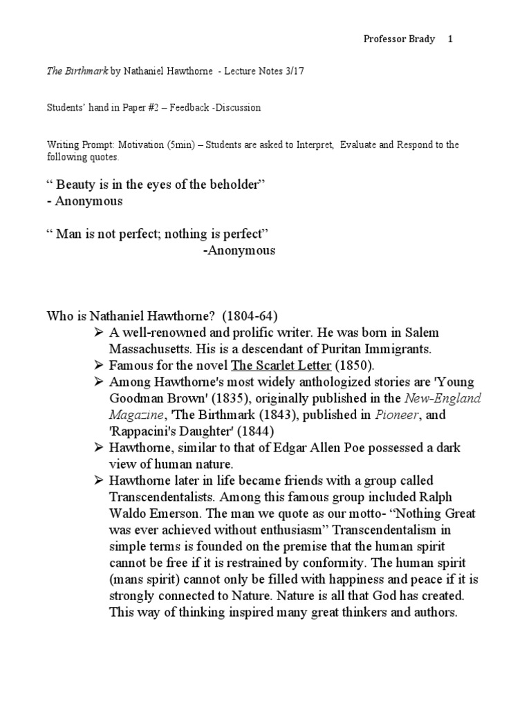 Hawthorne's "The Birthmark": A Study Guide | PDF | Nathaniel Hawthorne ...