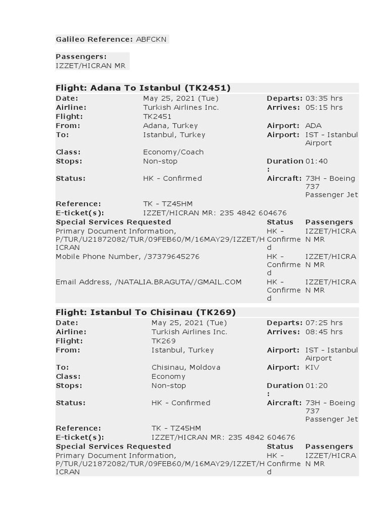 Flight: Adana To Istanbul (TK2451) | PDF | Airlines | Transport Companies