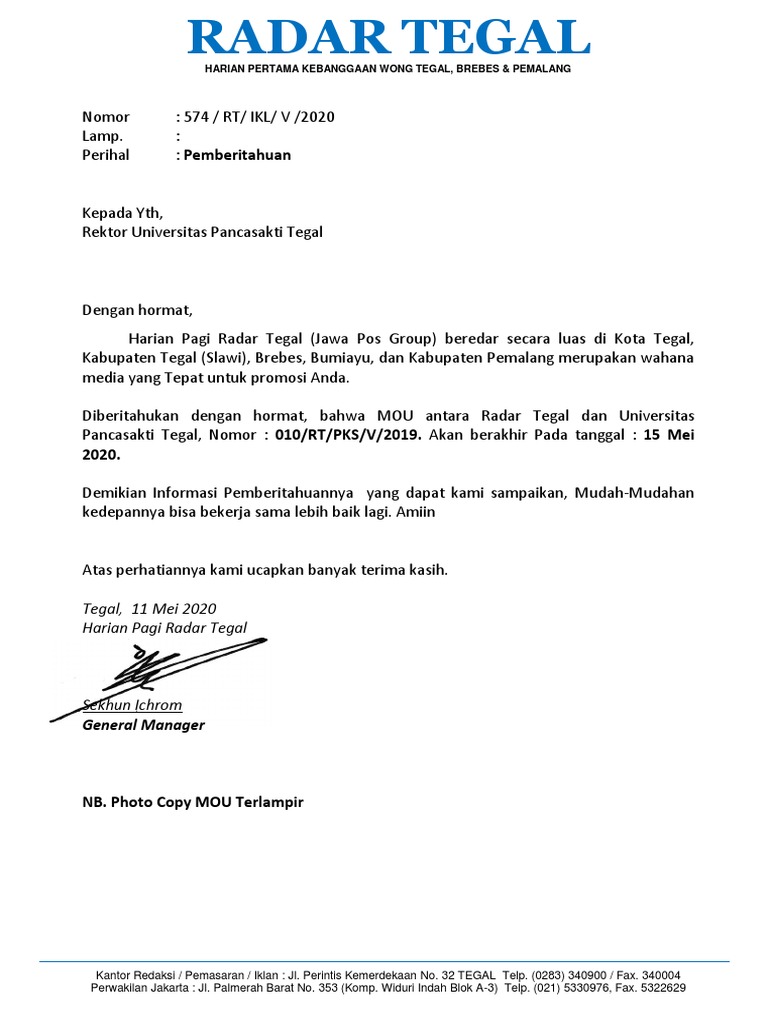 Surat Pemberitahuan MOU Berakhir | PDF