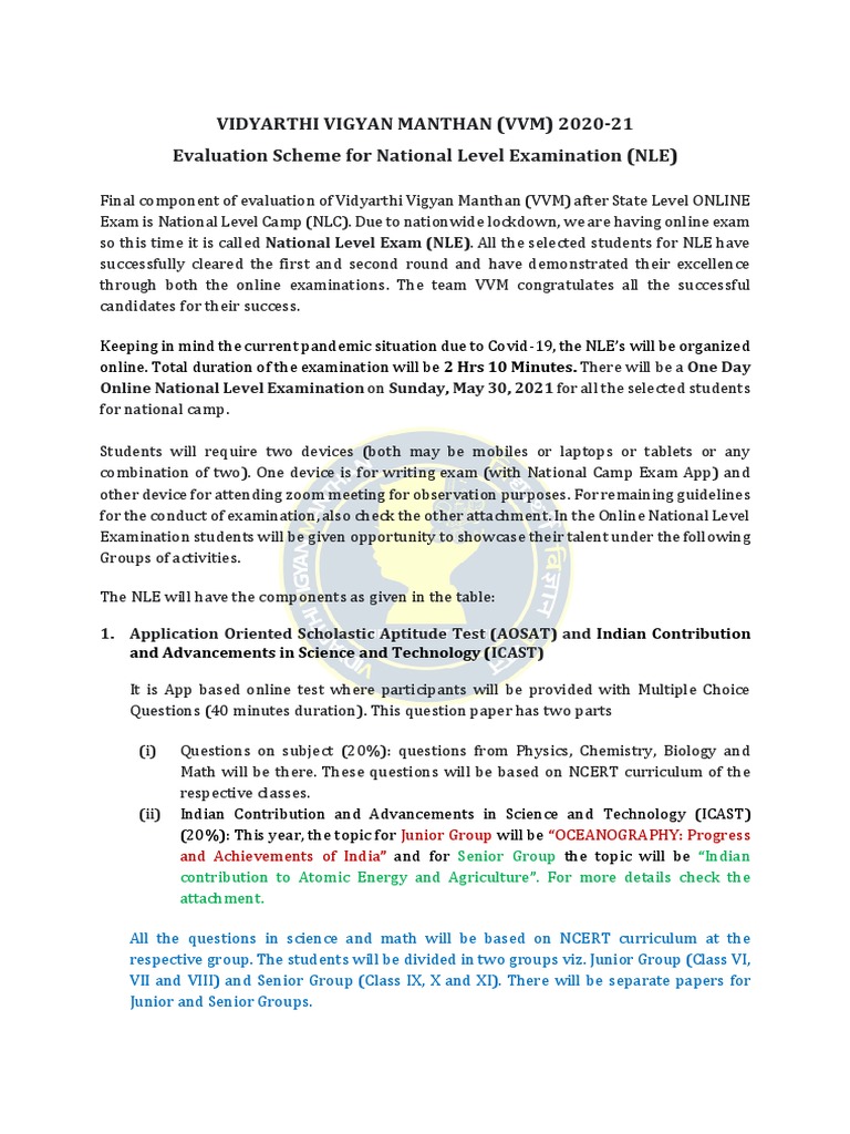 Vidyarthi Vigyan Manthan (VVM) 2020-21 Evaluation Scheme For National Level Examination (NLE ...