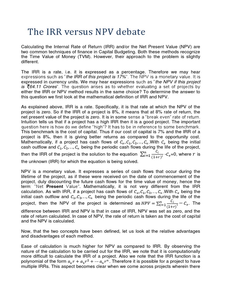 The IRR Versus NPV Debate | PDF | Internal Rate Of Return | Capital ...