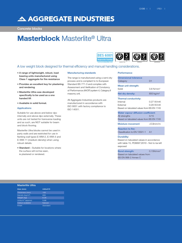 Thermal Efficiency Block Walling Masterlite Ultra Tds File038401 | PDF ...