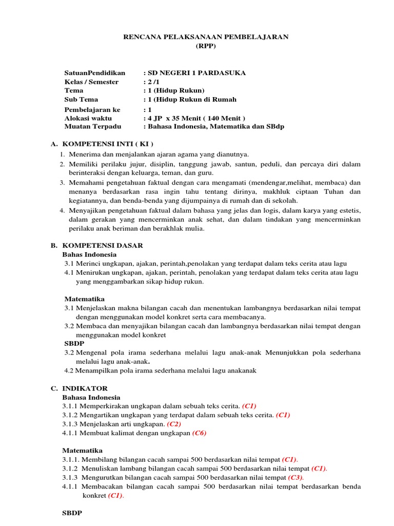 RPP Kelas 2 Tema 1 Subtema 1 PB 1 | PDF