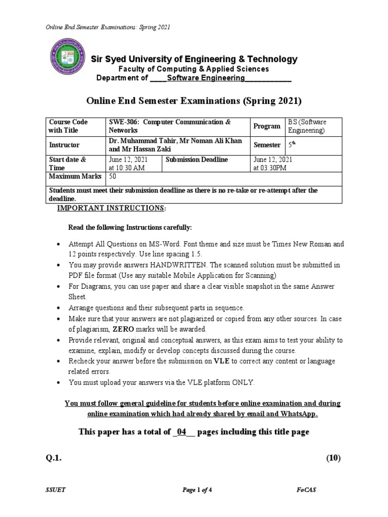 Final Question Paper - CCN Spring 2021 | PDF | Transmission Control Protocol | Packet Switching