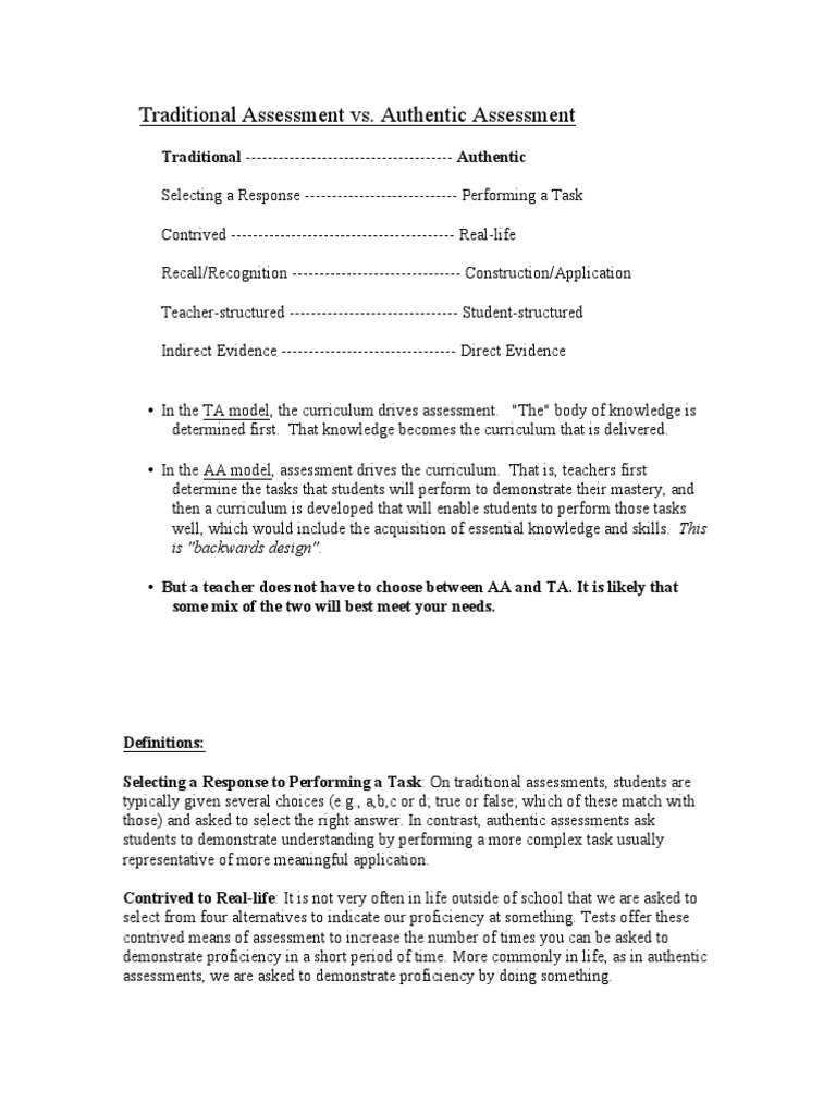 Traditional Vs Authentic Assessment | PDF | Multiple Choice ...