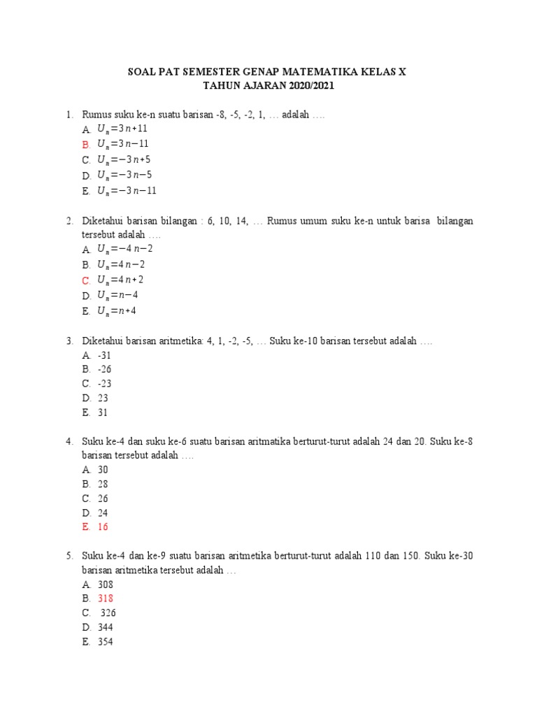 Soal Pat Semester Genap Matematika Kelas X | PDF