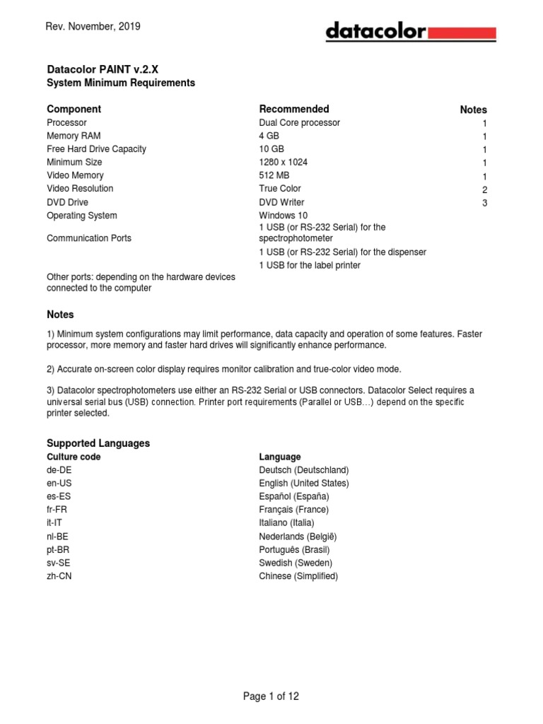 Datacolor PAINT v.2.X: System Minimum Requirements Component ...