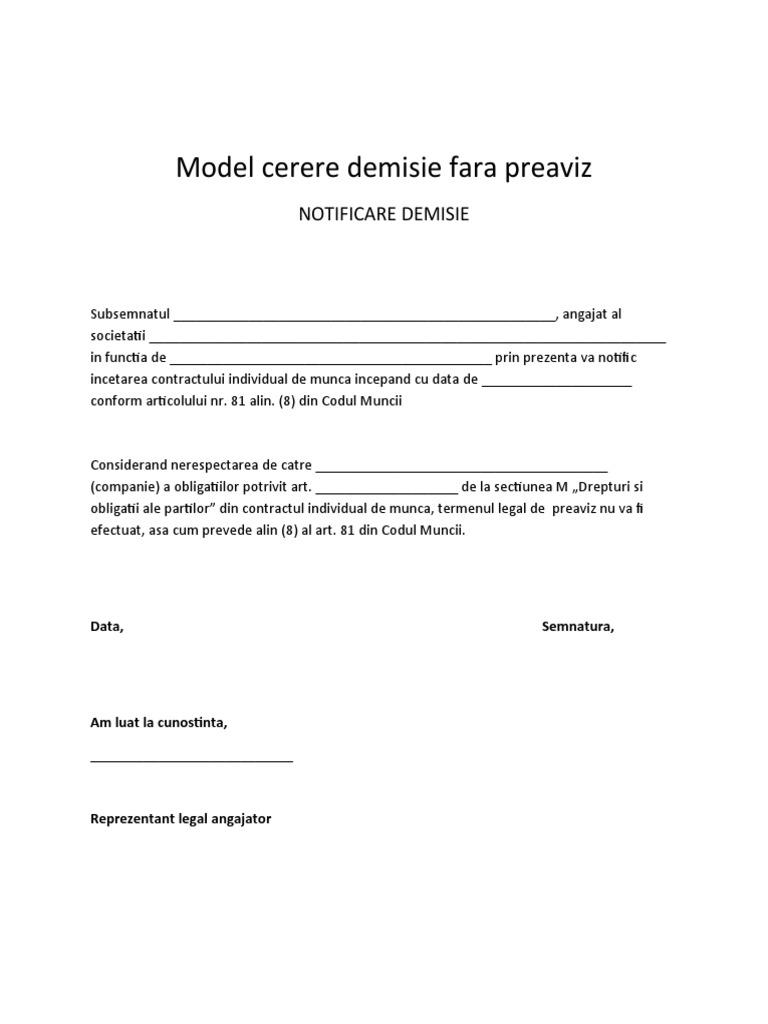 Model Cerere Demisie Fara Preaviz | PDF
