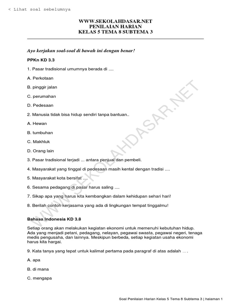 Soal Penilaian Harian Kelas 5 Tema 8 Subtema 3 | PDF