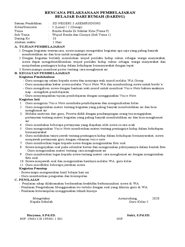 RPP Daring Kelas 5 Tema 9 | PDF | Karier & Perkembangan | Seni & Disiplin Bahasa