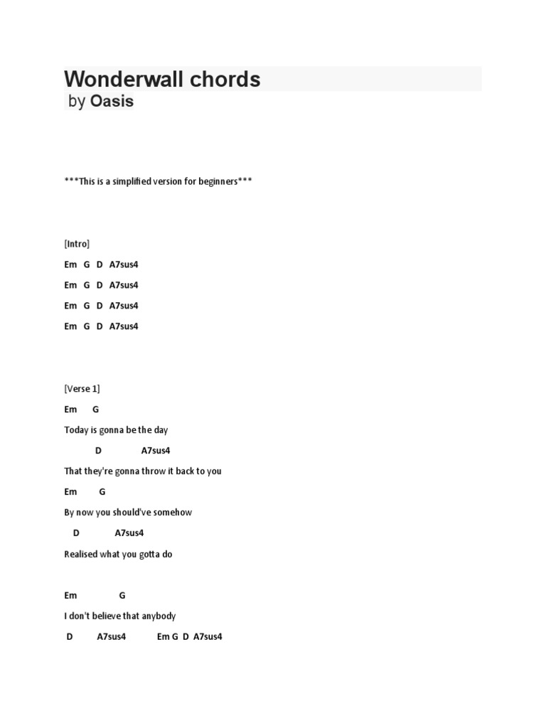 Wonderwall By Oasis Guitar Chords