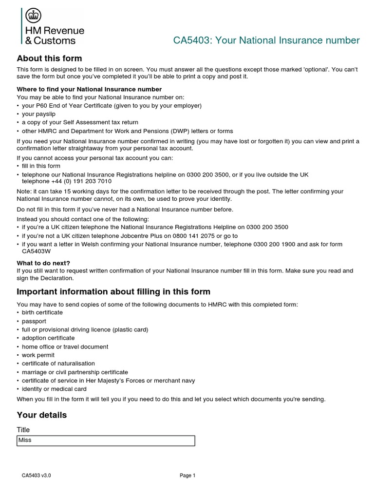 CA5403: Your National Insurance Number: About This Form | PDF | Birth ...