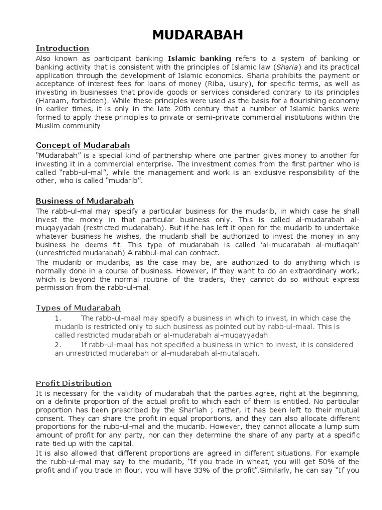 MUDARABAH | PDF | Islamic Banking And Finance | Business Law