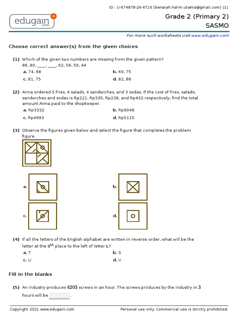 Grade 2 (Primary 2) Sasmo: Choose Correct Answer(s) From The Given Choices | Download Free PDF ...
