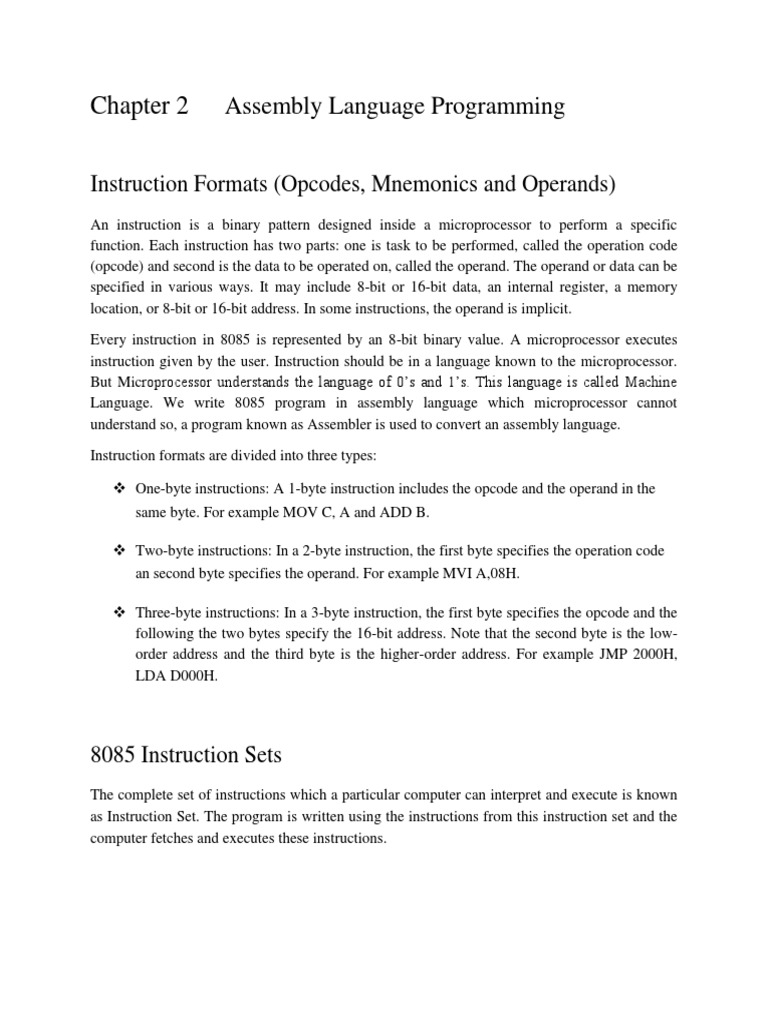 Assembly Language Programming: Instruction Formats (Opcodes, Mnemonics ...