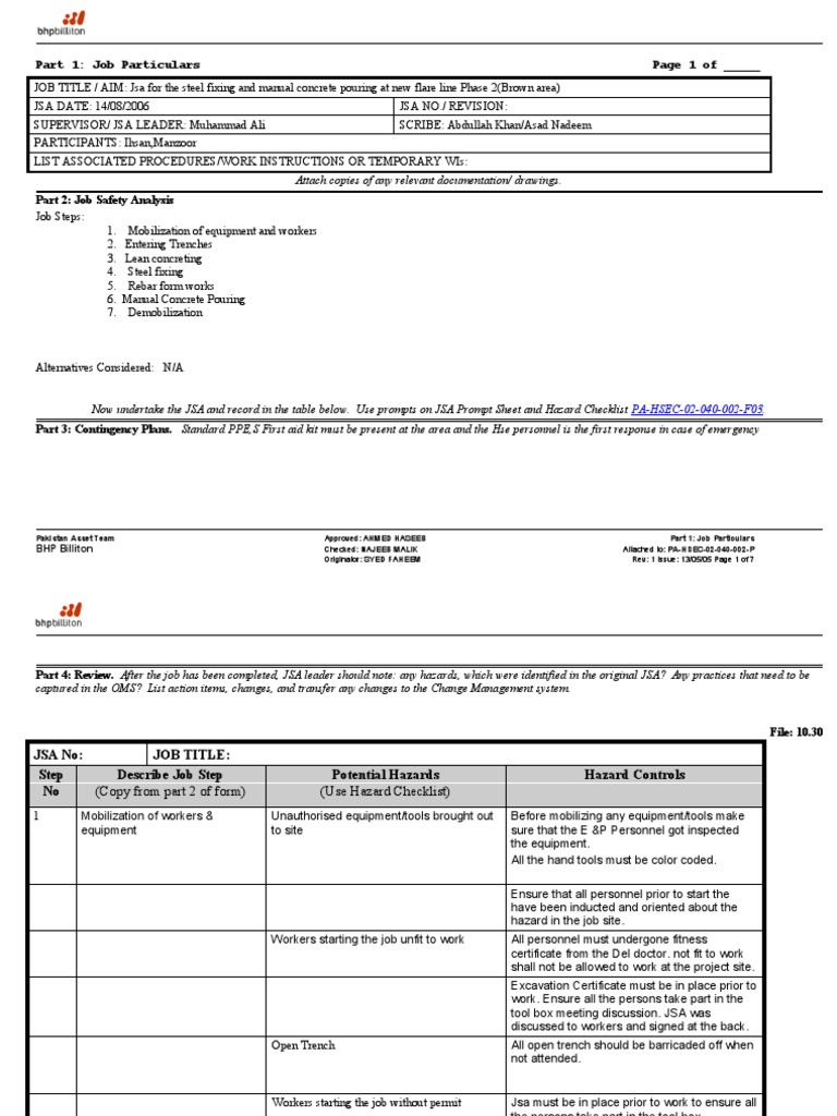 JSA For The Steel Fixing and Manual Conxrete Pouring at New Flare Line ...