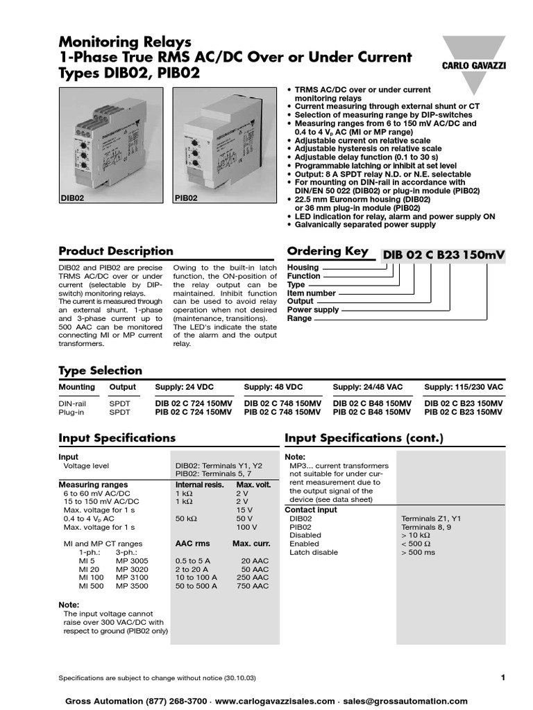 Monitoring Relays 1-Phase True RMS AC/DC Over or Under Current Types ...