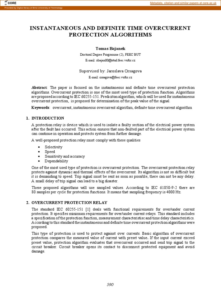 Instantaneous and Definite Time Overcurrent Protection Algorithms | PDF ...