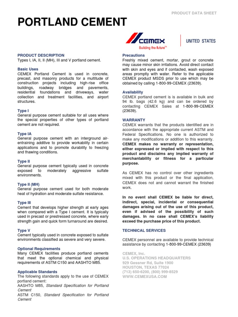 Portland Cement: Product Description Precautions | PDF | Composite ...
