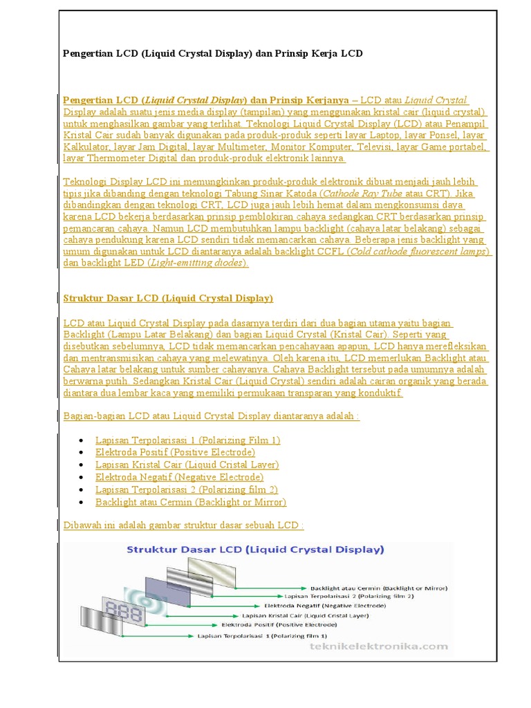 Pengertian LCD (Liquid Crystal Display) Dan Prinsip Kerjanya - LCD Atau Liquid Crystal | PDF