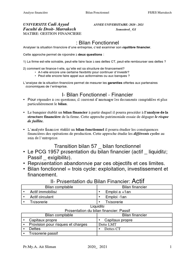 Analyse du Bilan Fonctionnel 2021 | PDF | Fonds de roulement | Bilan ...