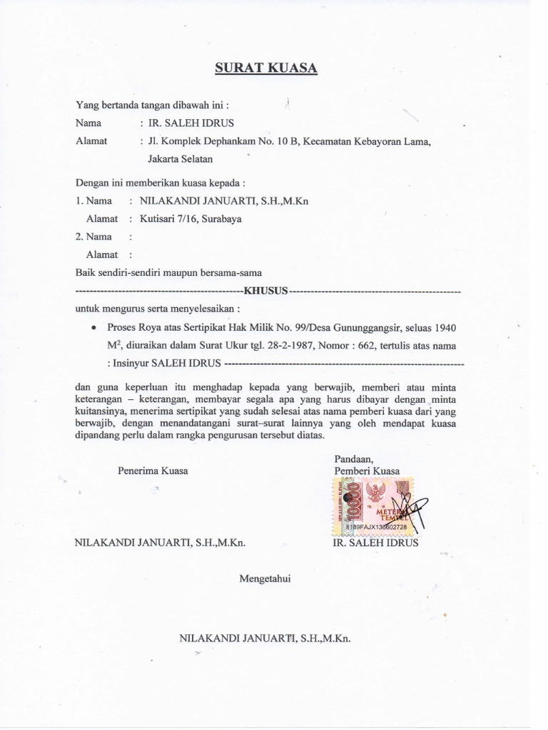 Surat Kuasa Roya SHM No 99 196 | PDF