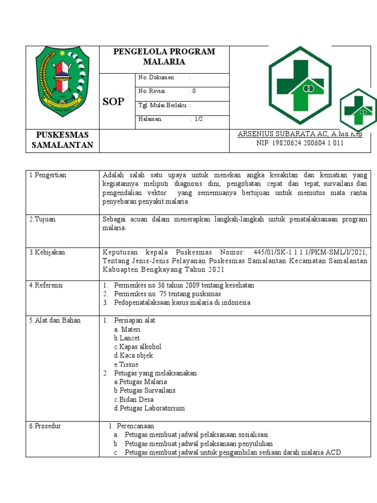 SOP Pengelolaan Program Malaria Puskesmas | PDF | Sains & Matematika