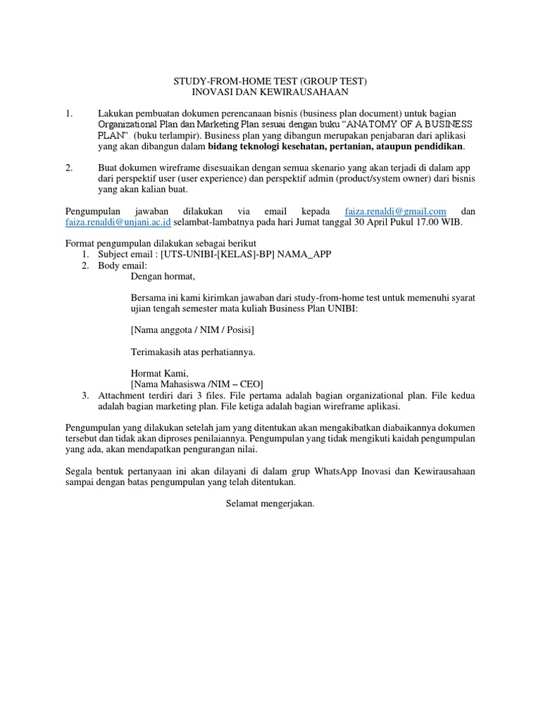 Soal UTS Business Plan UNIBI - Faiza Renaldi | PDF