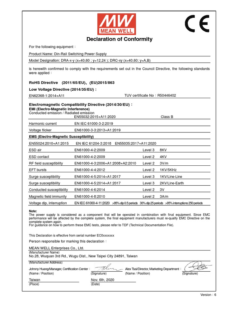 Declaration of Conformity for Din-Rail Switching Power Supplies ...